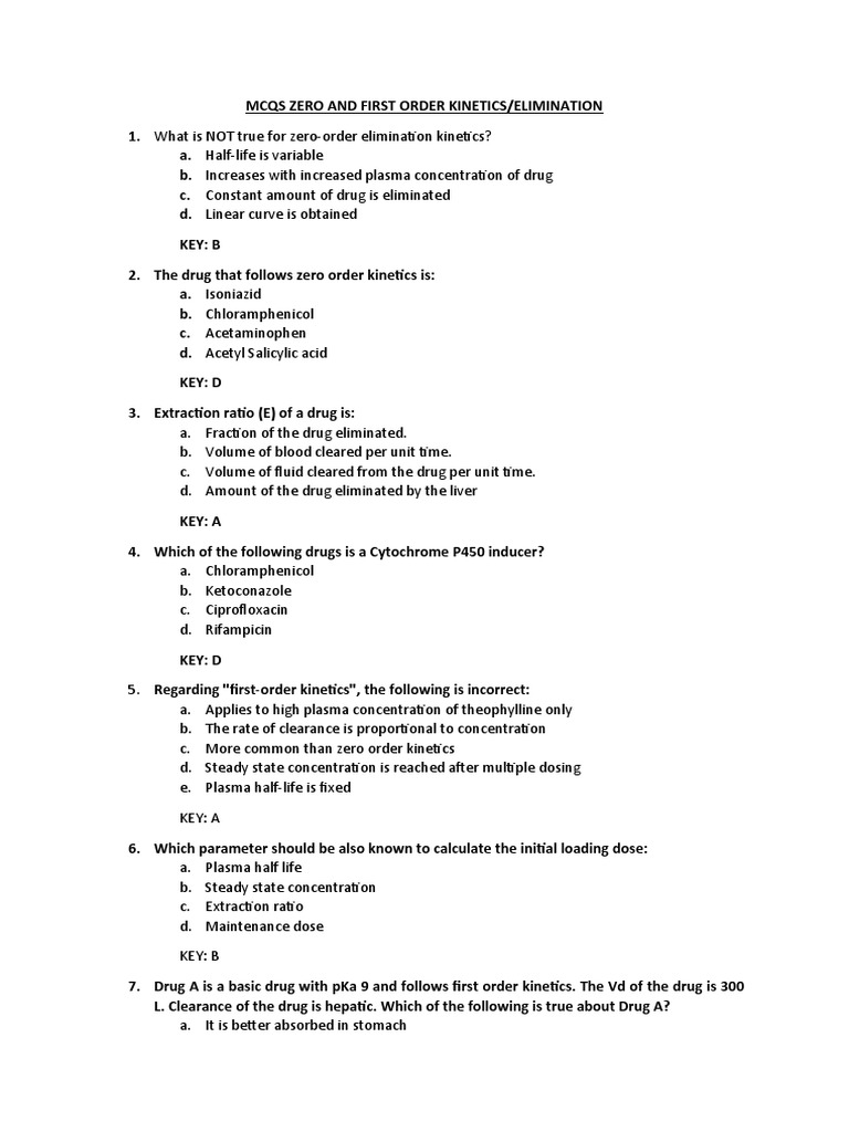 MCQS Zero and First Order Kinetics | PDF | Pharmacokinetics ...