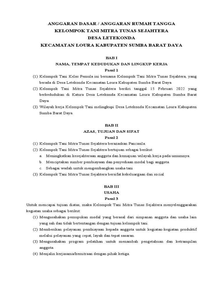 Anggaran Dasar Kelompok Tani Sumba | PDF