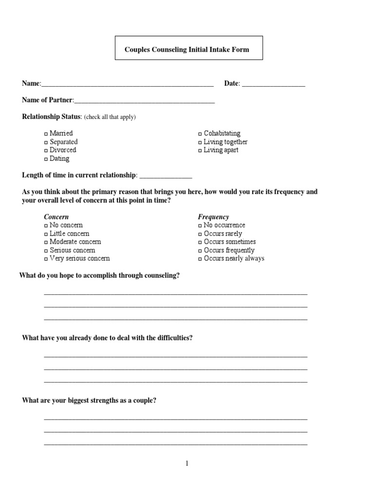 Couples Counseling Initial Intake Form | PDF | Divorce | Psychological ...