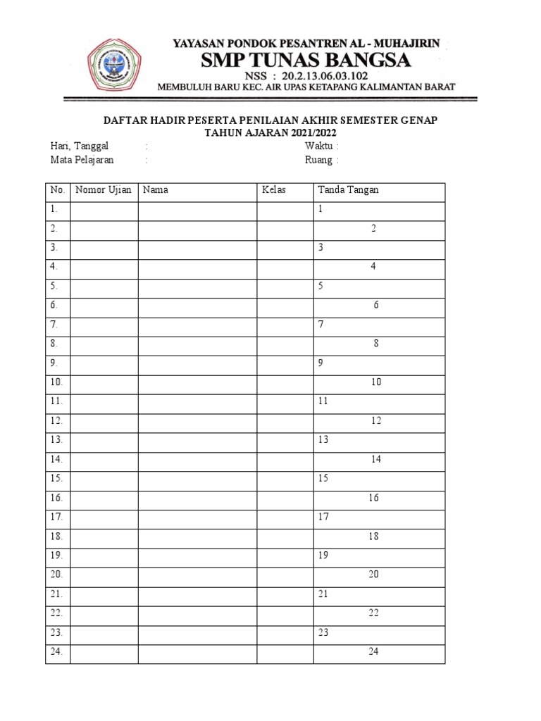 Daftar Hadir Peserta Penilaian Akhir Semester Genap | PDF