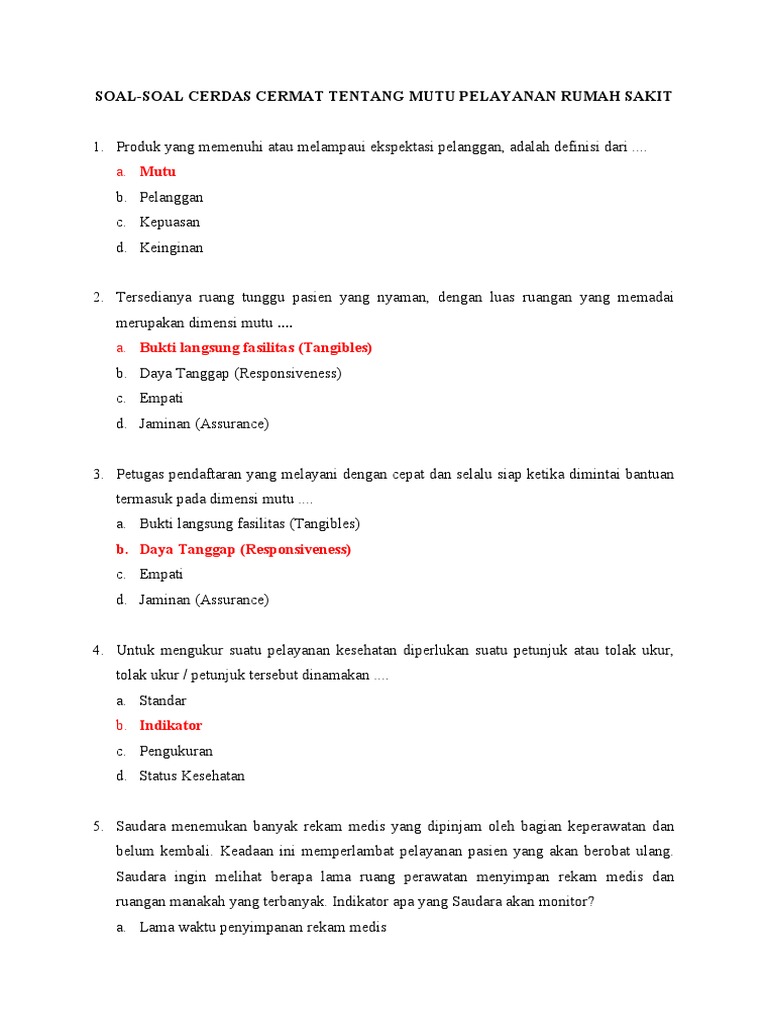Soal Cerdas Cermat Mutu RSIA. Bunda Aliyah | PDF