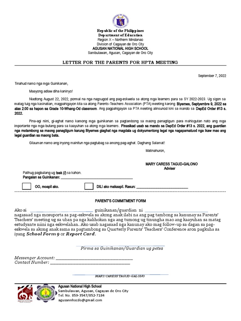 Letter For The Parents Commitment Form | PDF