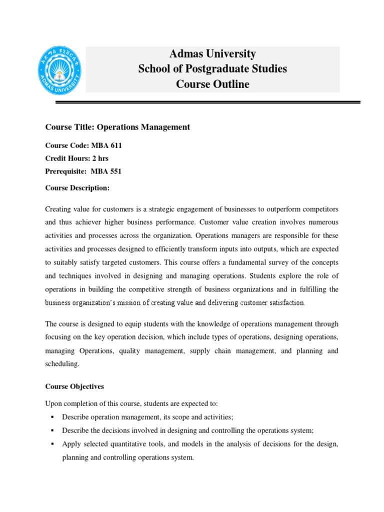 Operation Management Course Outline-Admas Uni (Sept 2022) | PDF ...