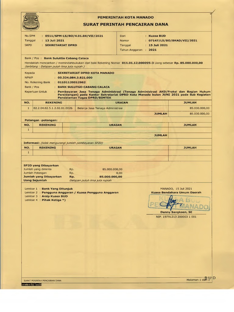 Surat Perintah Pencairan Dana: Pemerintah Kota Manado | PDF