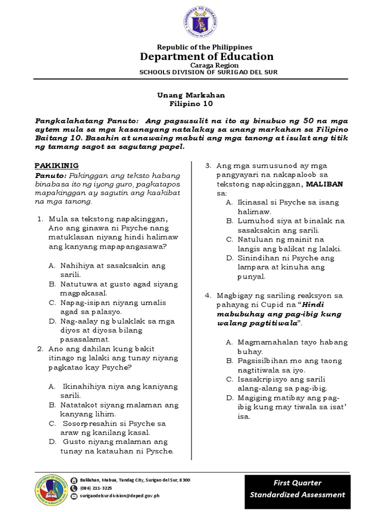 Test Question Filipino 10 Q1 Final | PDF