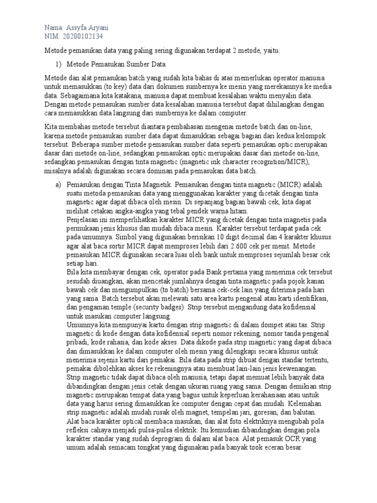 Assyfa Aryani - 20200102134 - Tugas SIM Metode Pemasukan Data | PDF ...