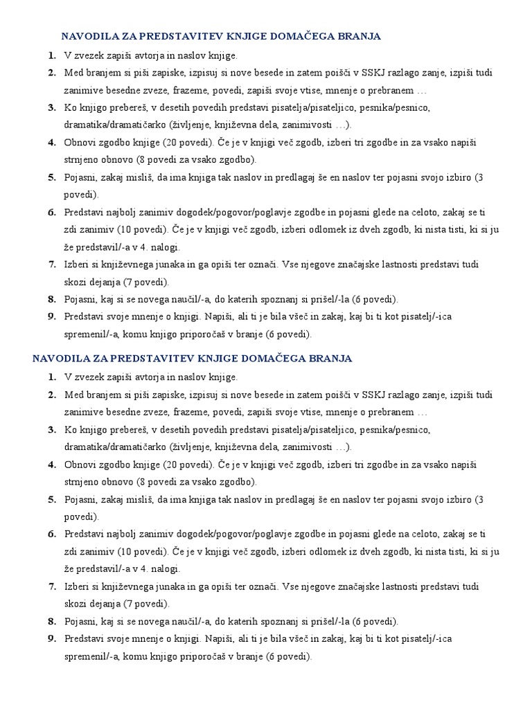Navodila Za Predstavitev Knjige Domačega Branja | PDF