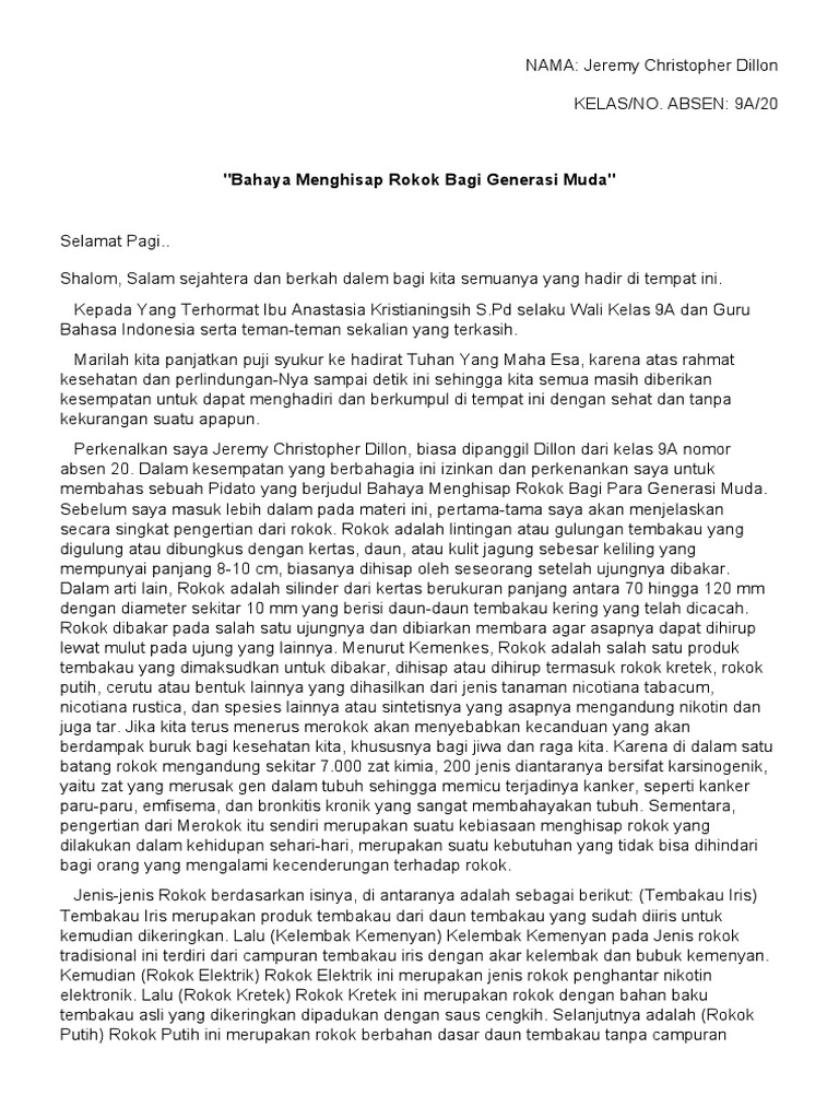 Pidato Persuasif B. INDONESIA Berjudul Bahaya Merokok Bagi Generasi ...