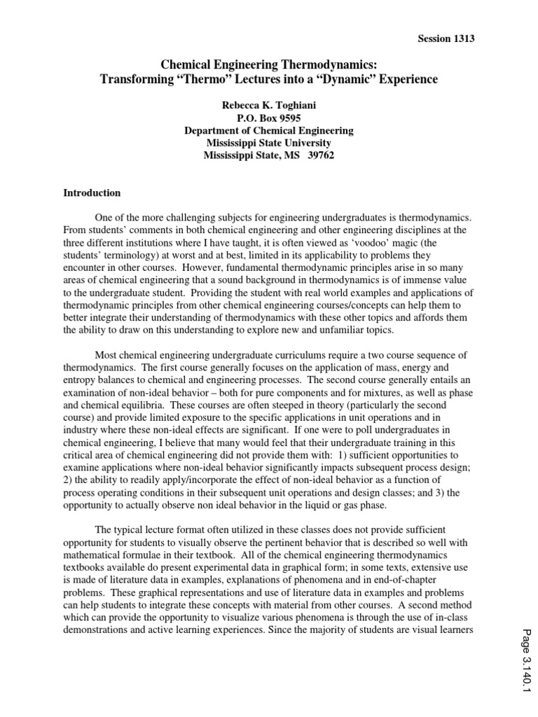 Chemical Engineering Thermodynamics Transforming Thermo Lectures Into A ...