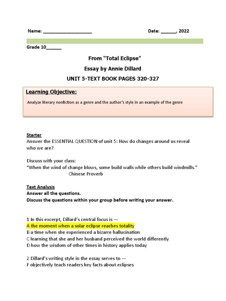 Understanding Annie Dillard's Eclipse Essay | PDF | Essays | Experience