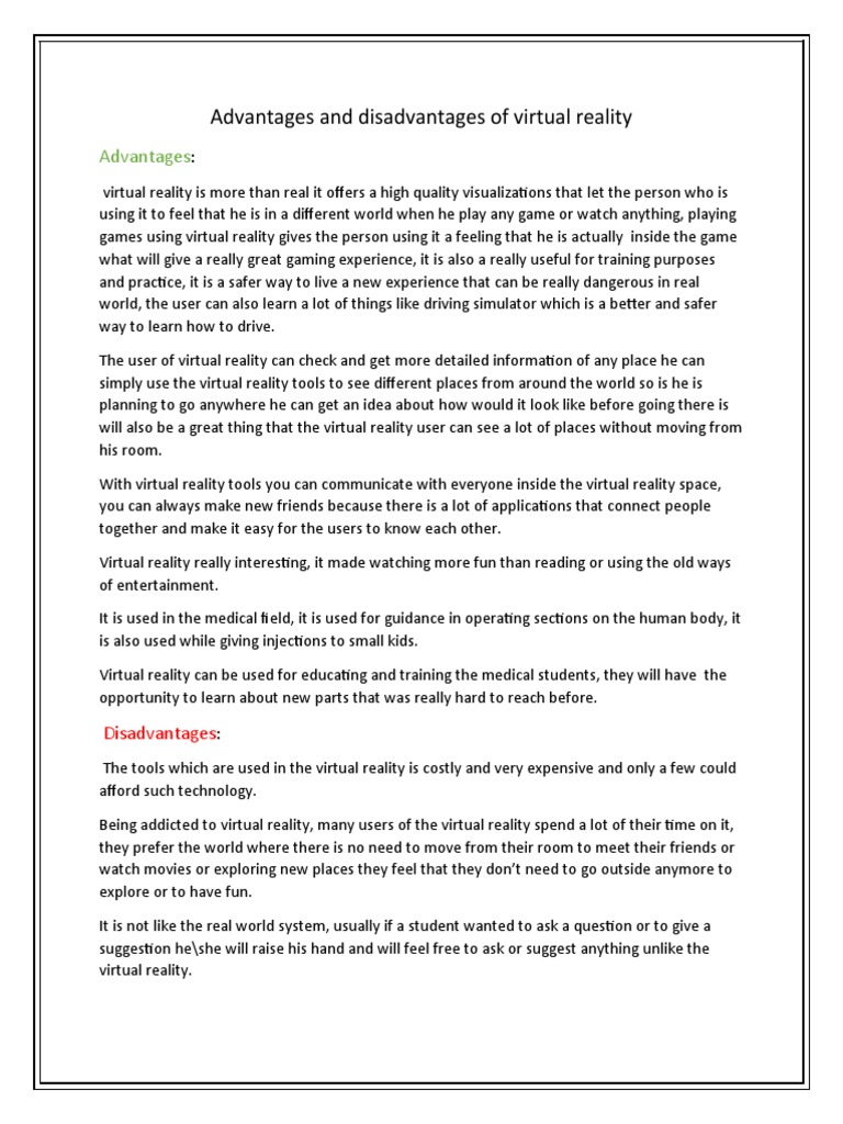 Advantages and Disadvantages of Virtual Reality | PDF | Virtual Reality ...