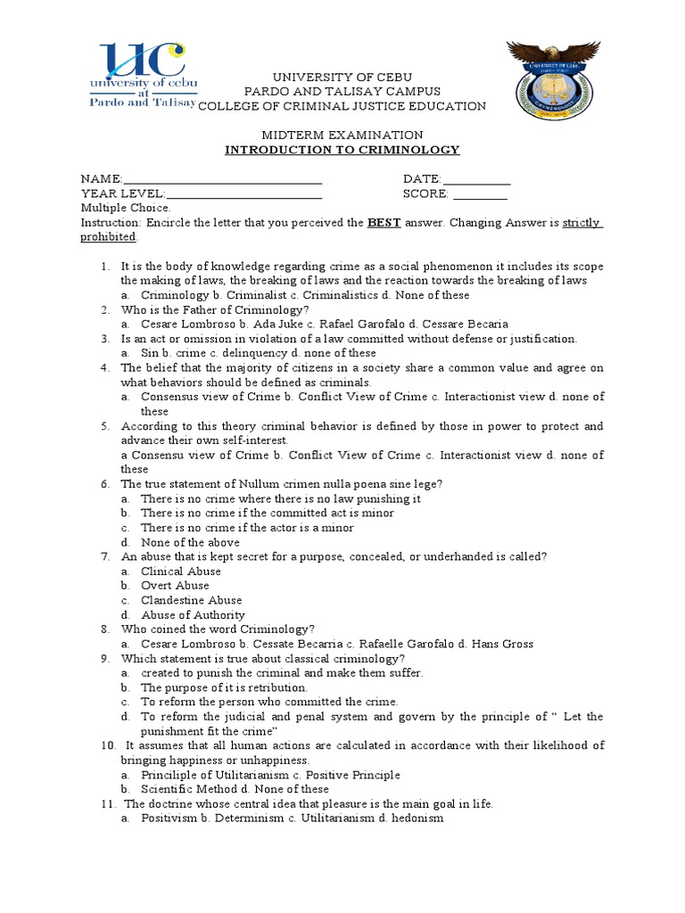 Criminology Midterm Exam Overview | PDF | Criminology | Crimes