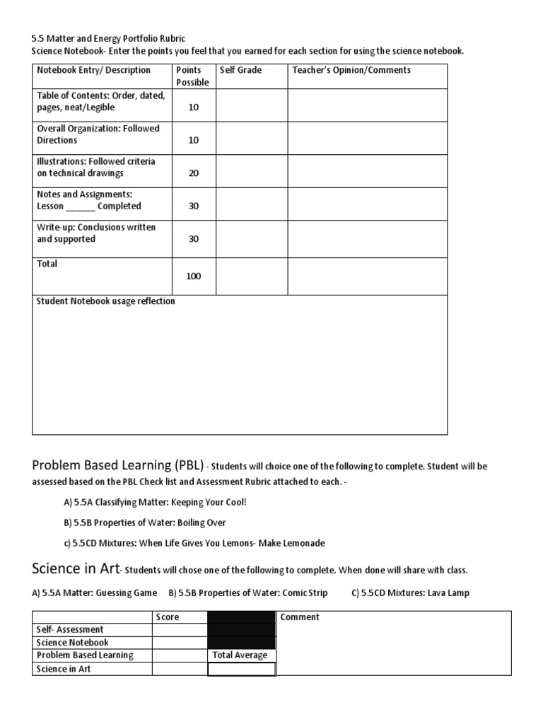 Matter and Energy Portfolio Rubric | PDF | Rubric (Academic) | Cognition