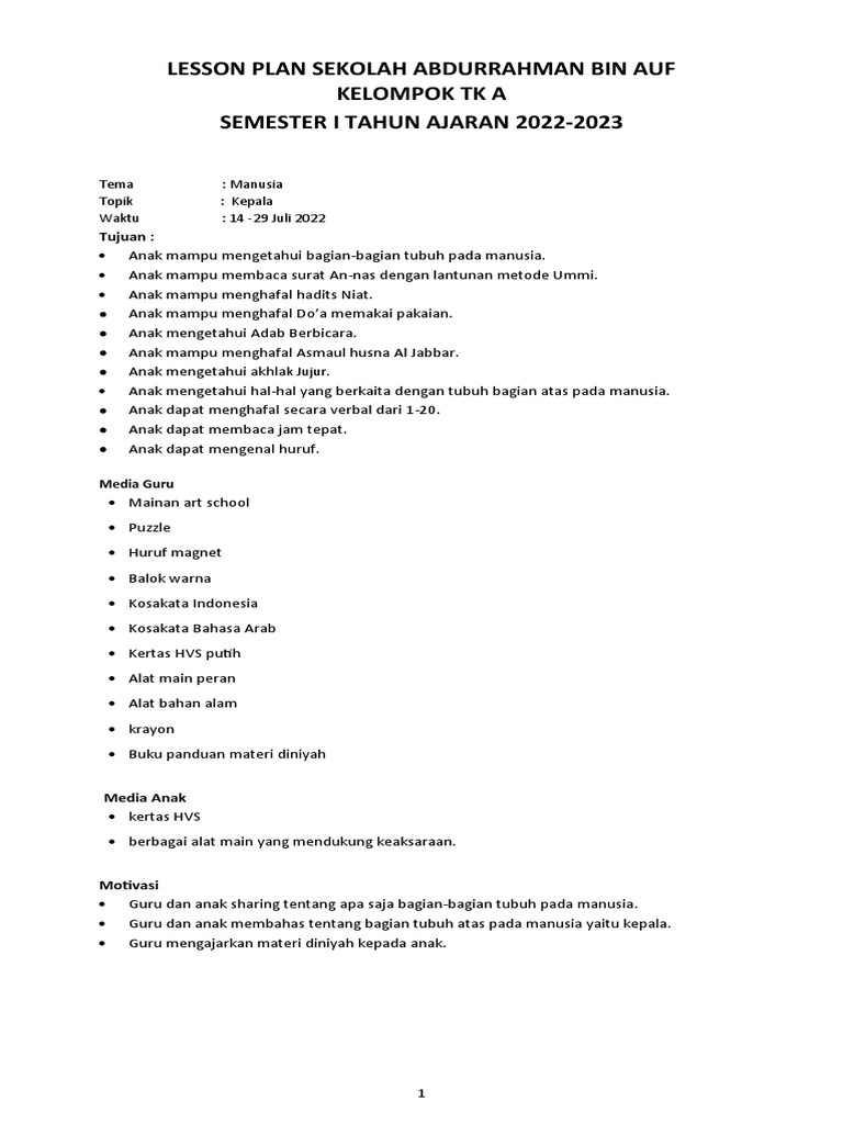 Lesson Plan Kelas TK A Bag. Kepala | PDF