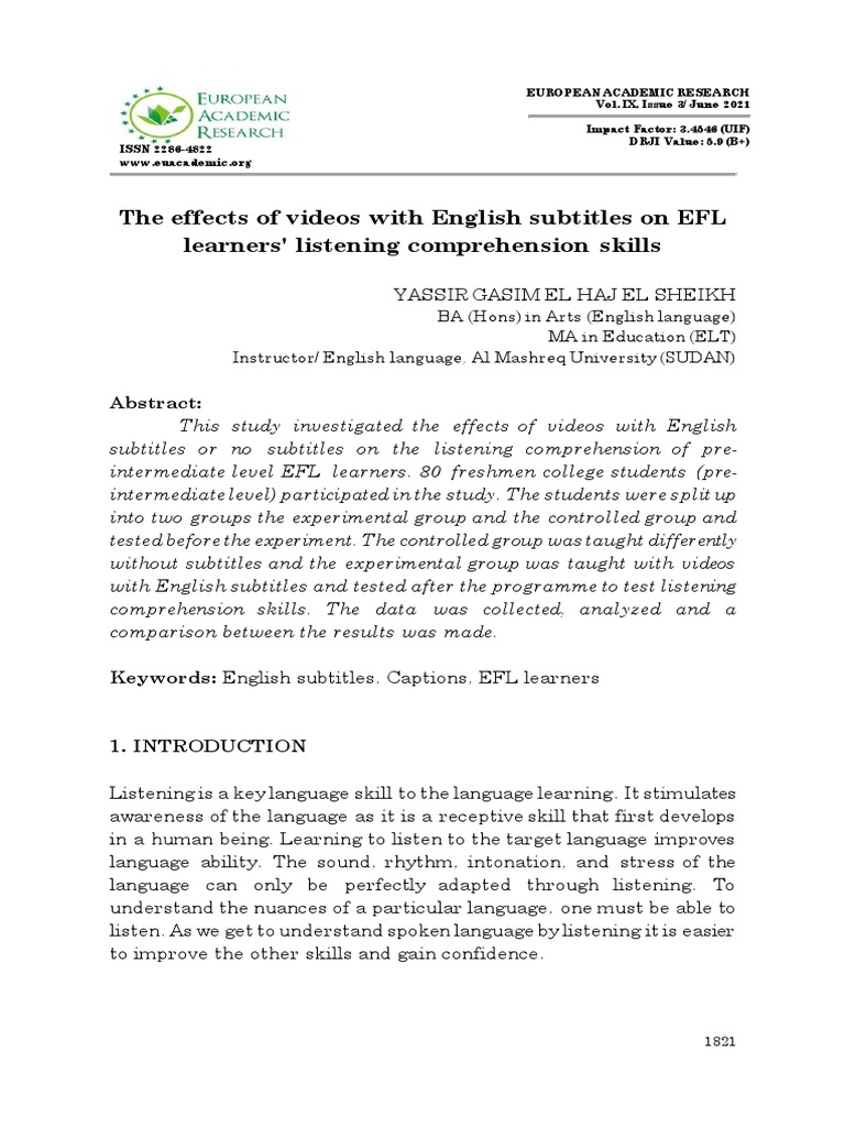 The Effects of Videos With English Subtitles On EFL | PDF | English As A Second Or Foreign ...