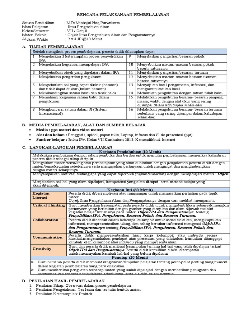 RPP 1 Lembar Ipa Kelas 7 | PDF | Karier & Perkembangan | Seni