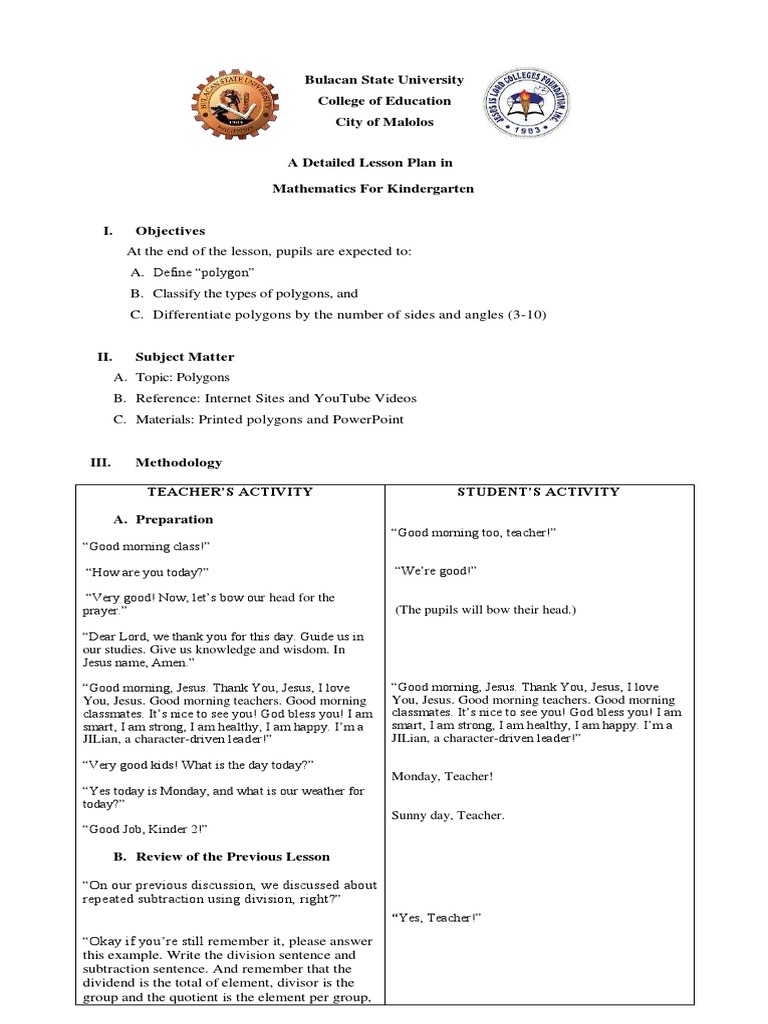 Detailed Lesson Plan - K2 | PDF | Polygon | Elementary Geometry
