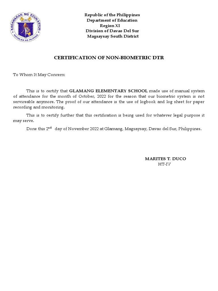 Certificate of Non Biometric DTR | PDF