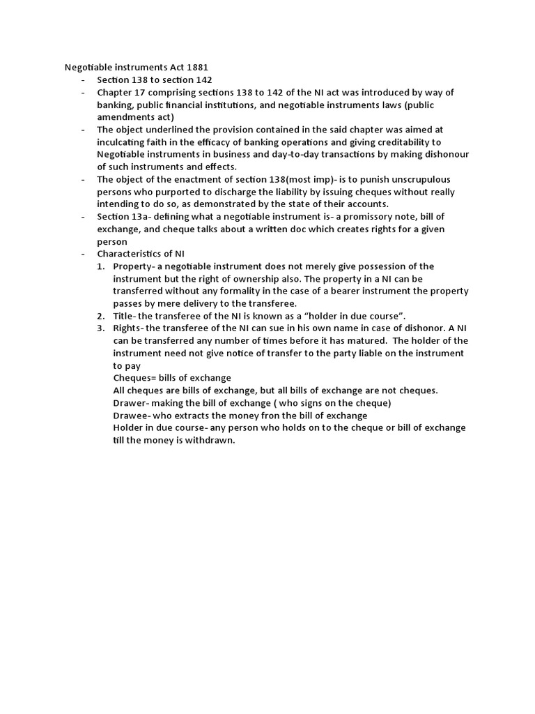 Negotiable Instruments Act 1881 | PDF