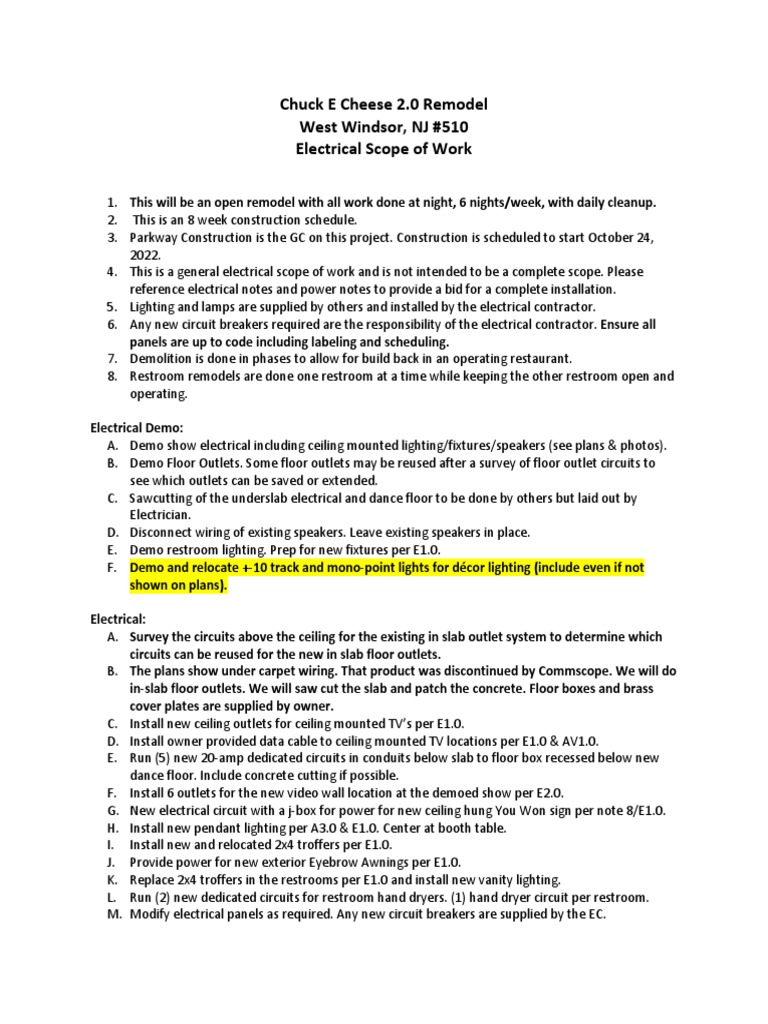 Electrical Scope - Chuck E Cheese | PDF | Lighting | Electrical Wiring