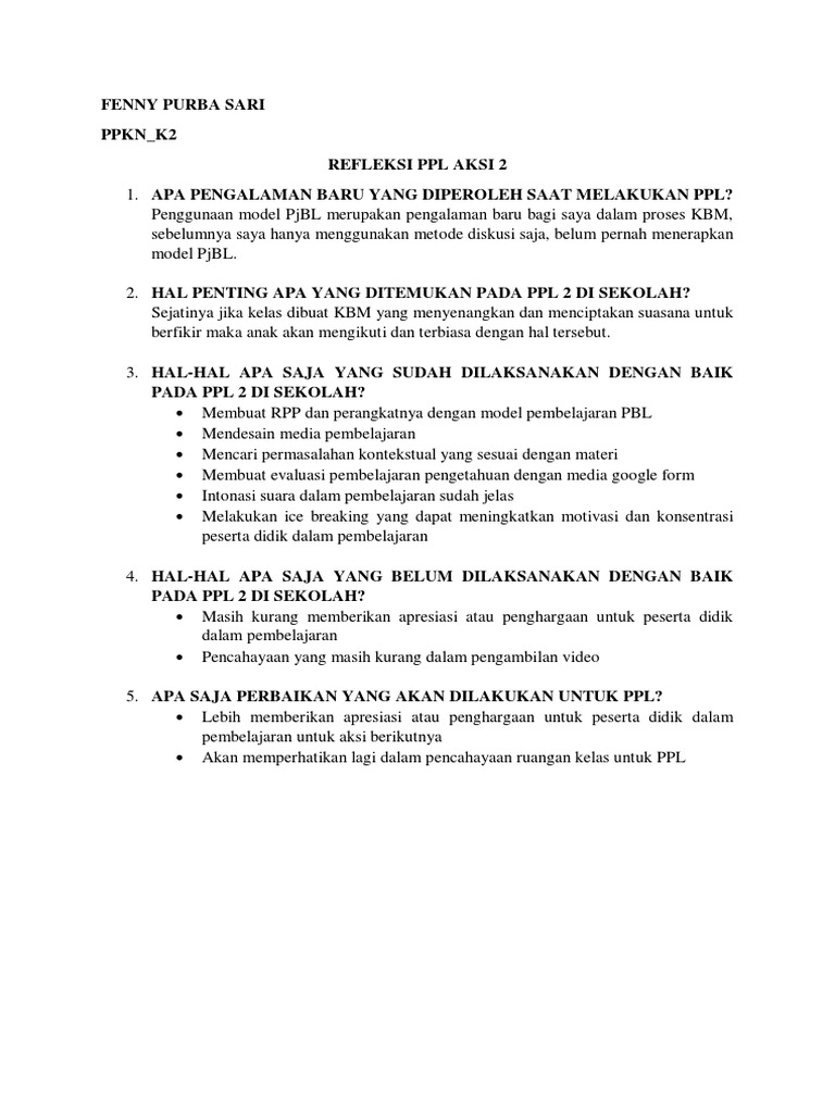 Refleksi PPL: Pengalaman dan Perbaikan | PDF