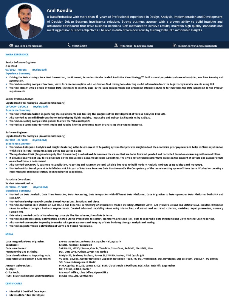 Anil Kondla's Resume: A Data-Driven Professional with 6+ Years of Experience Driving Business ...