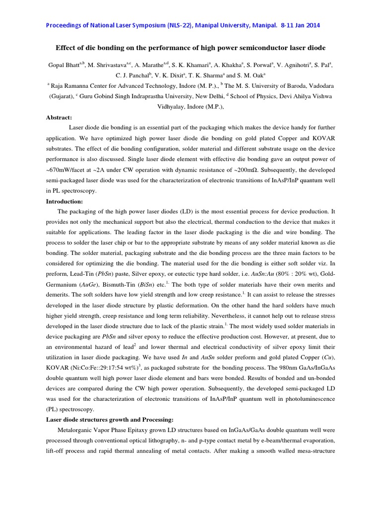 Effect of Die Bonding On The Performance of High Power Semiconductor Laser Diode | PDF | Laser ...