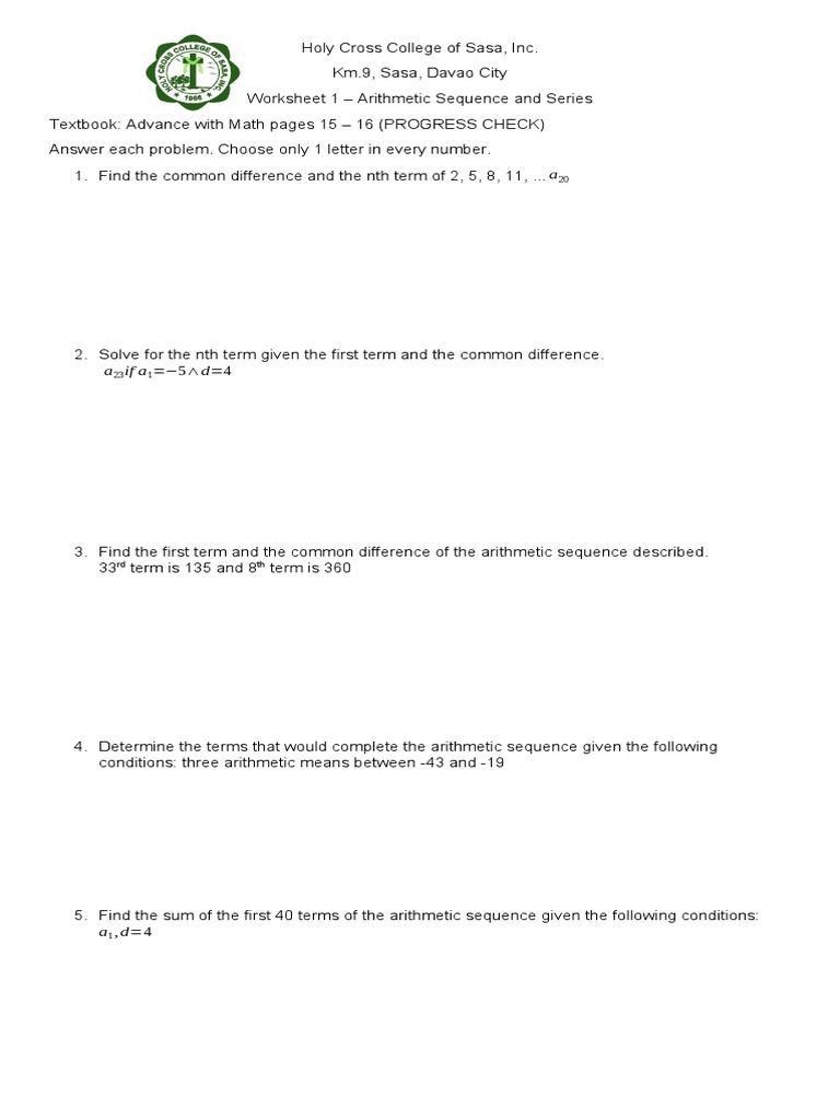 Worksheet 1 - Arithmetic Sequence and Series | PDF