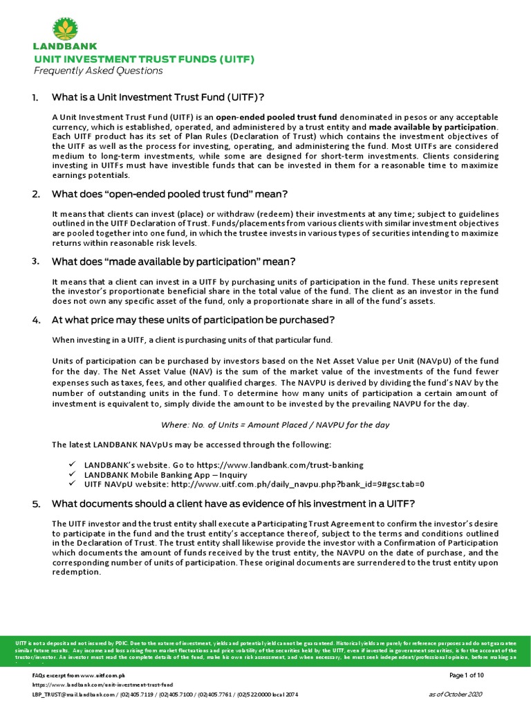LBP UITF FAQs - As of October 2020 FINAL | PDF | Investment Fund ...