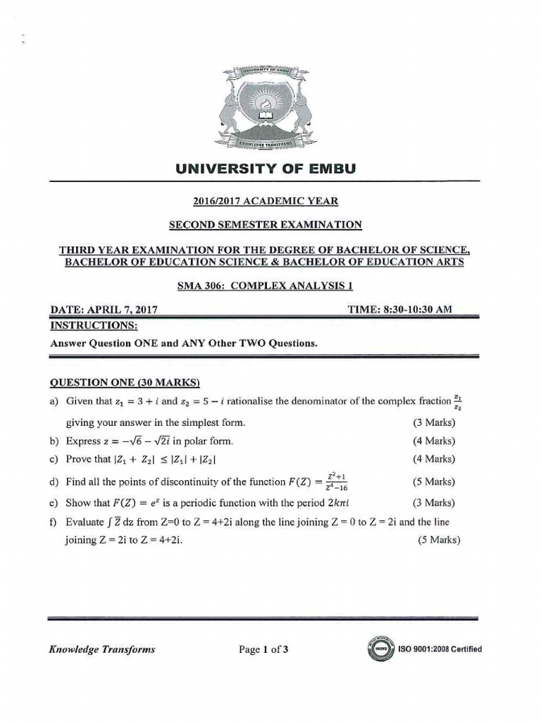 Complex Analysis Exam 2016/2017 | PDF | Differential Geometry | Mathematical Concepts