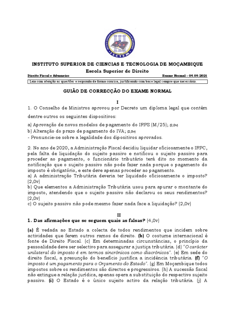 Exame Normal de Direito Fiscal ISCTEM 2021 - Grelha de Correcção 04.09. ...