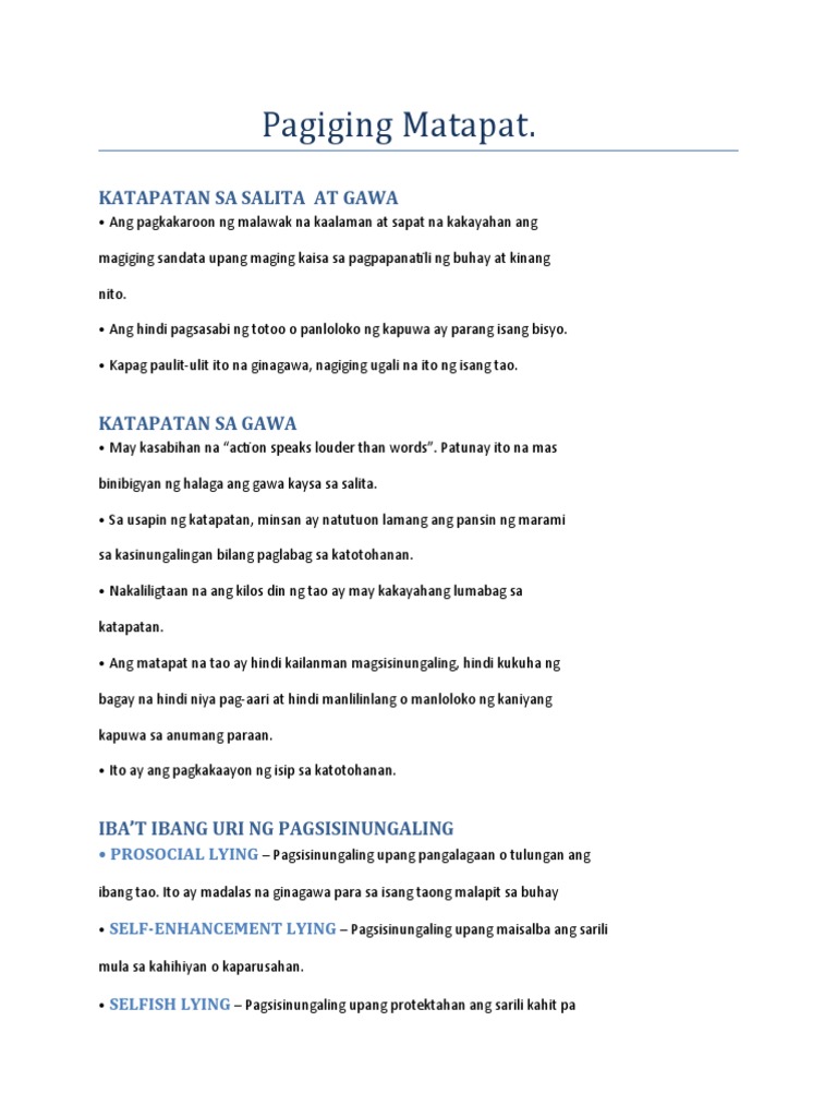 Pagiging Matapat by A 12 Yr Old Idiot | PDF