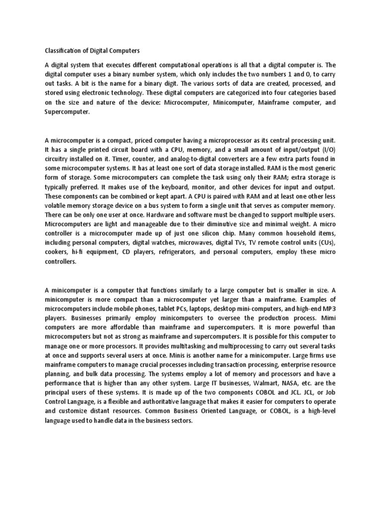 Classification of Digital Computers | PDF | Microcomputers | Central Processing Unit
