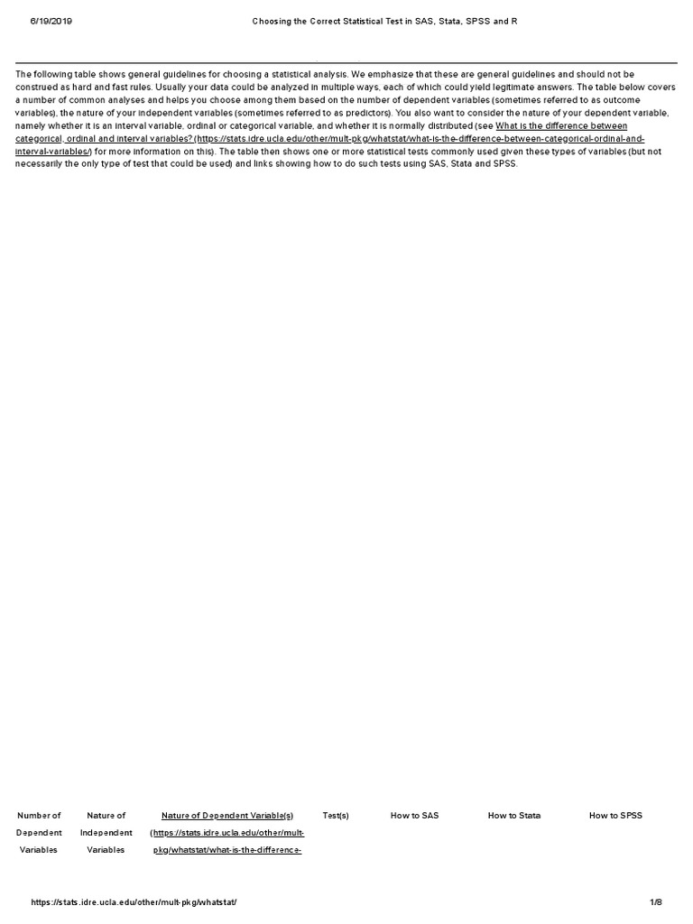 Choosing The Correct Statistical Test in SAS, Stata, SPSS and R | PDF ...