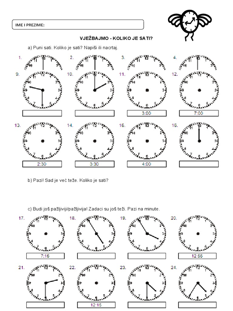 Koliko Je Sati - Vjezbanje Listić | PDF