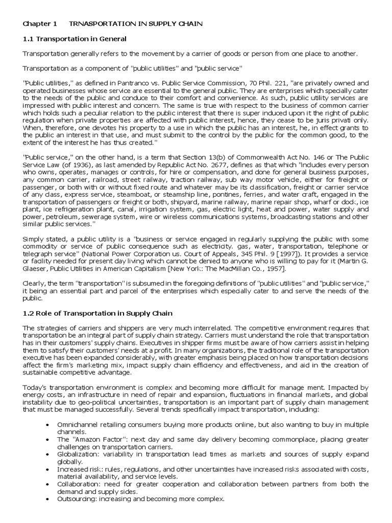 CHAPTER 1 Transportation in Supply Chain | PDF | Transport | Logistics