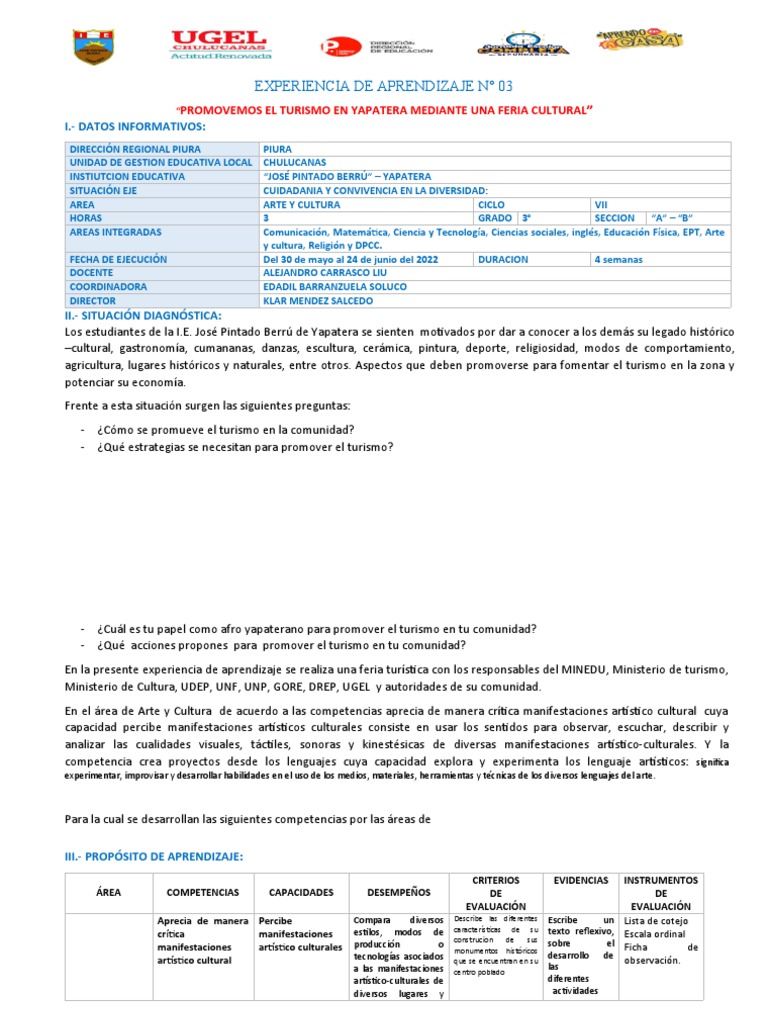 Experiencia de Aprendizaje #03 de Educ. Arte. Yapatera | PDF | Aprendizaje | Evaluación