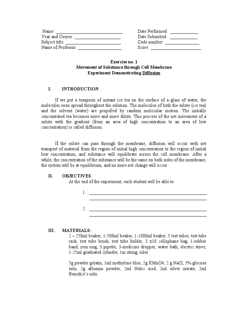 Exp. 1 Movement of Substance Through Cell Membrane | Download Free PDF ...