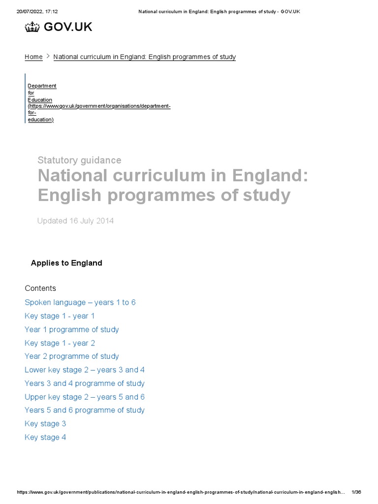 National Curriculum in England - English Programmes of Study - GOV - UK | PDF | Phonics ...