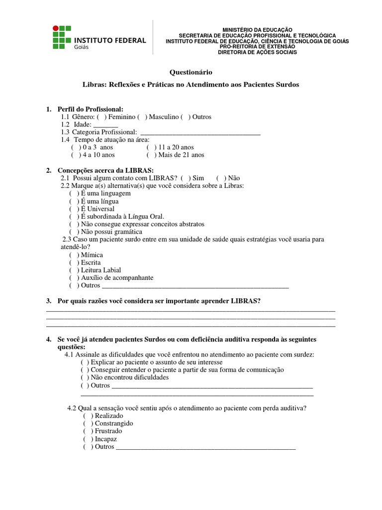 Questionário LIBRAS | PDF | Surdez | Linguística