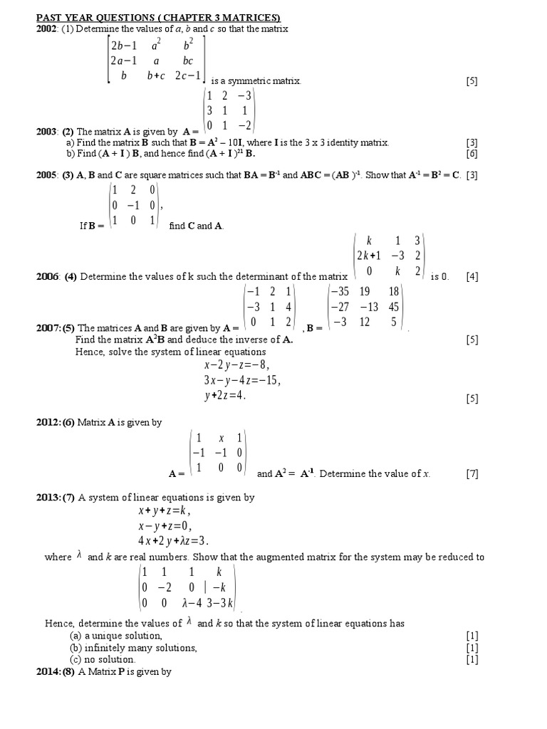 Past Exam Questions: Matrices | PDF | Matrix (Mathematics) | System Of ...
