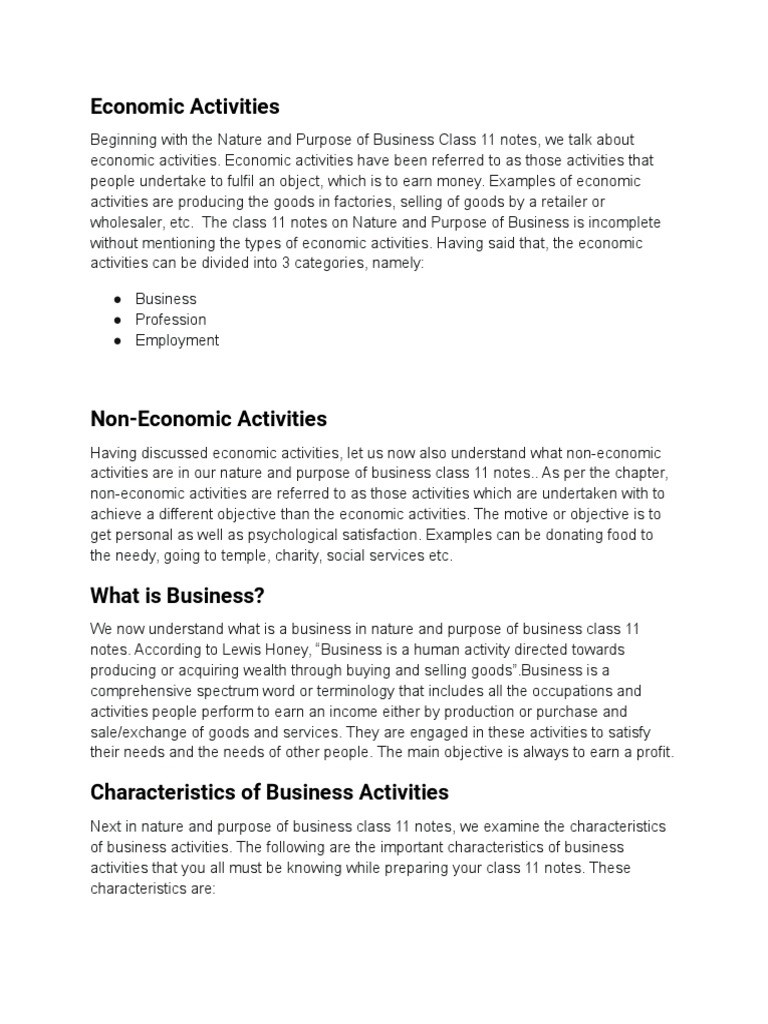 Nature and Purpose of Business Class 11 Notes PDF Download 2021 | PDF ...
