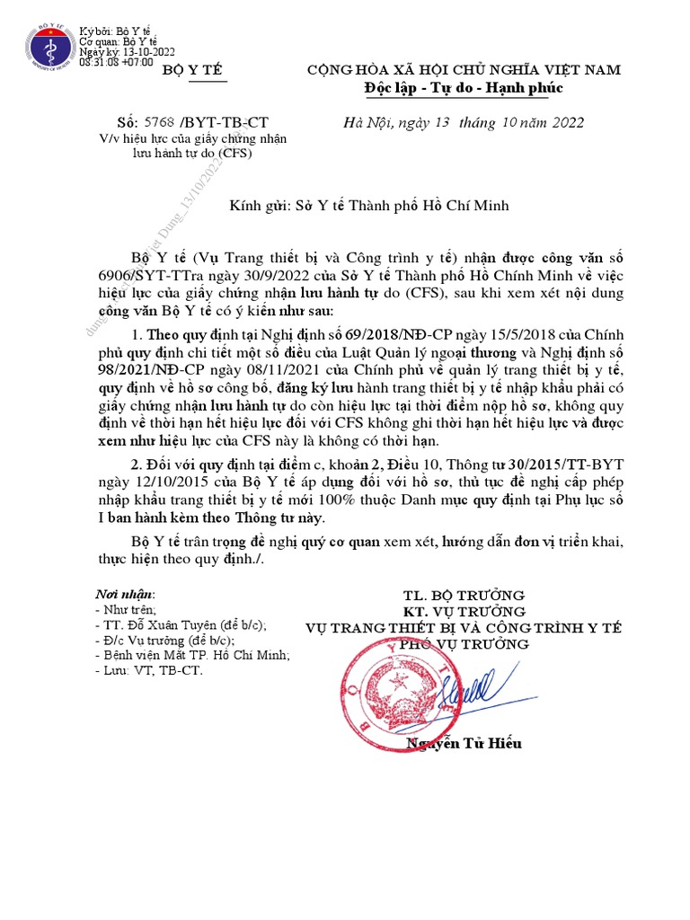 CV 5768 - DMEC Gui SYT TPHCM - Hieu Luc Cua CFS - 13.10.2022 - Signed | PDF