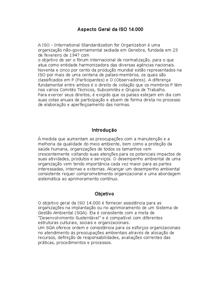 Princípios Gerais e Elementos Centrais da Norma ISO 14.000 para Sistemas de Gestão Ambiental ...