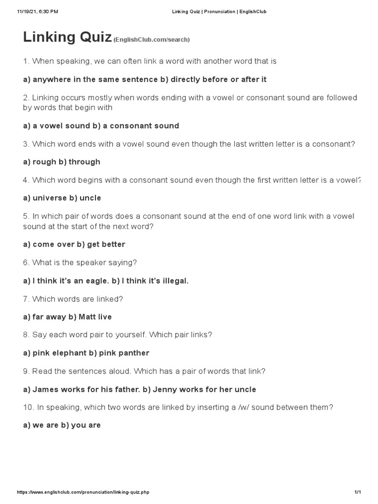 Linking Quiz - Pronunciation - EnglishClub | PDF | Language Arts ...