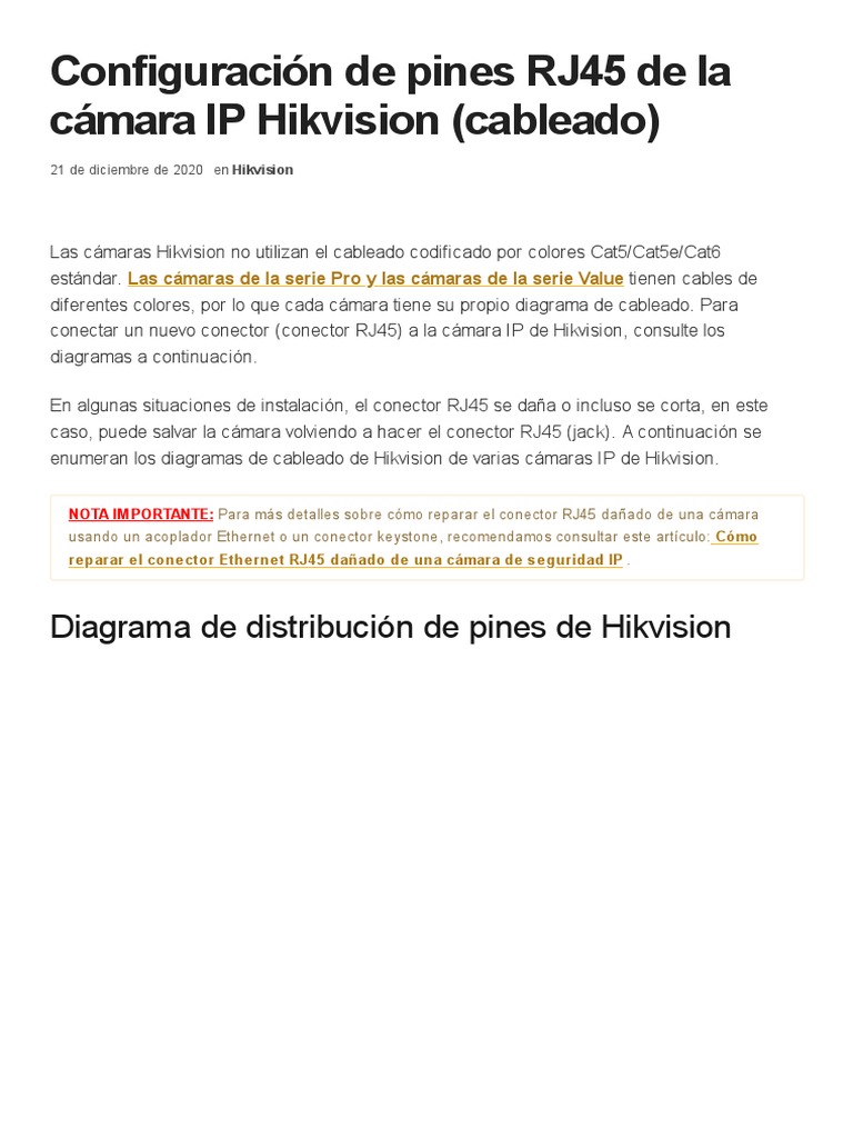Diagrama de pines RJ45 para cámaras Hikvision | PDF | Ethernet | Redes ...