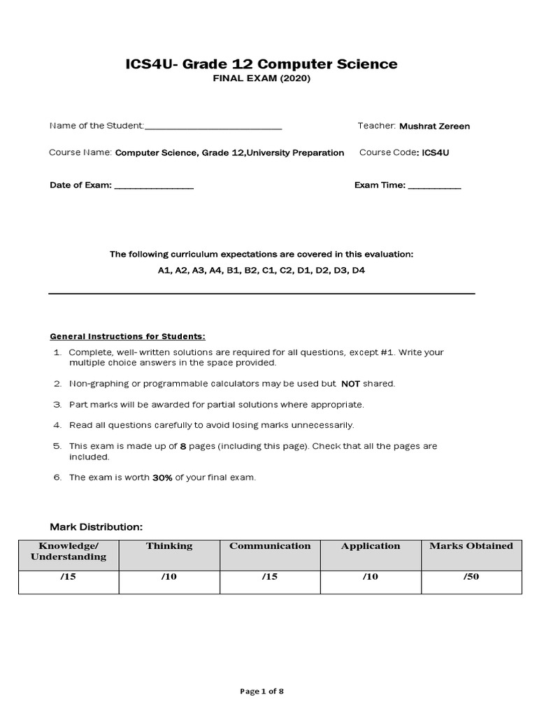 ICS4U Final Exam-Mushrat | PDF | Test (Assessment) | String (Computer ...
