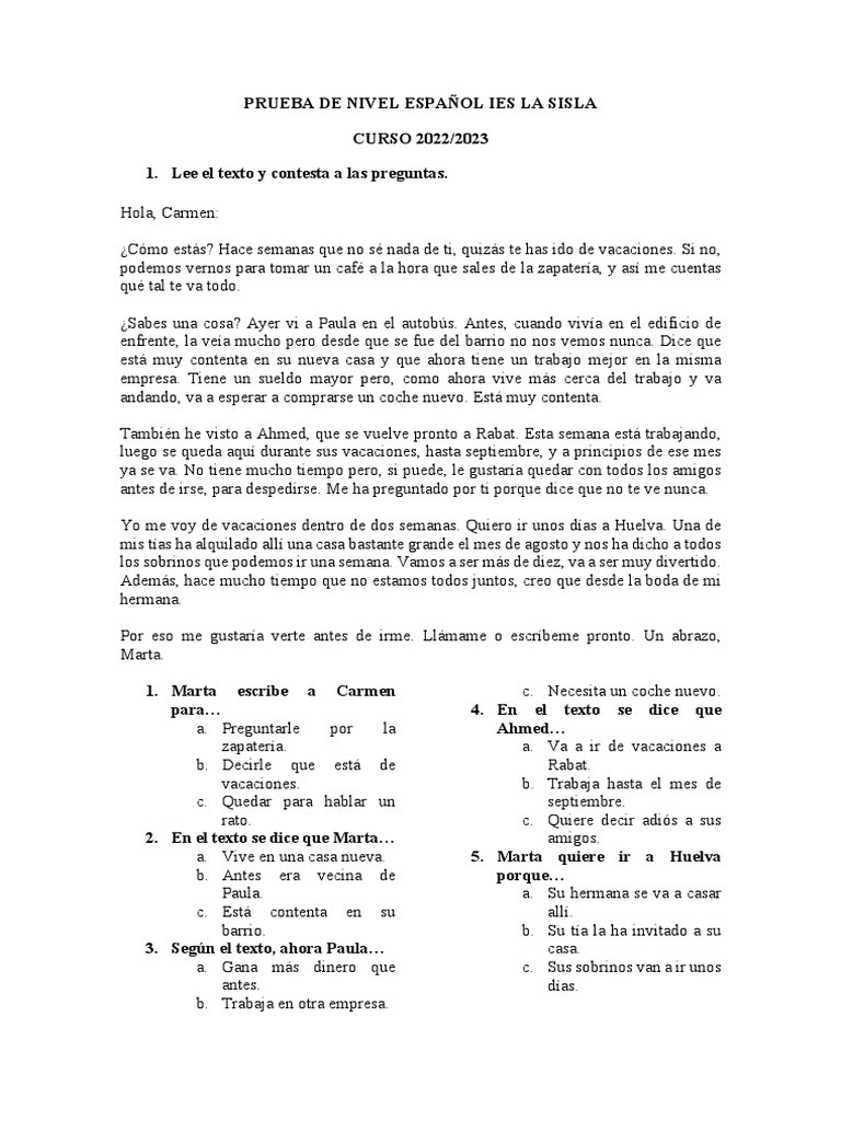 Prueba de Nivel Español | PDF