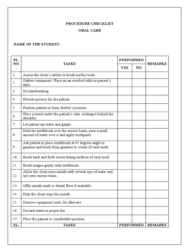 Oral Care Procedure Checklist | PDF