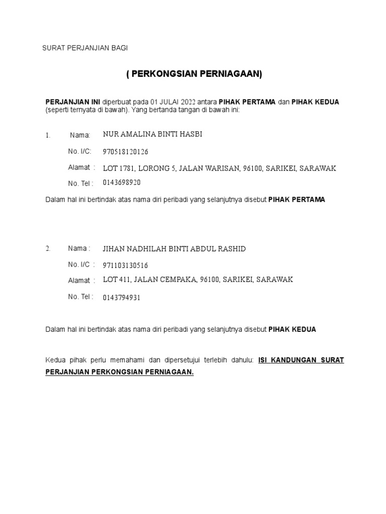 Surat Perjanjian Perkongsian Perniagaan | PDF